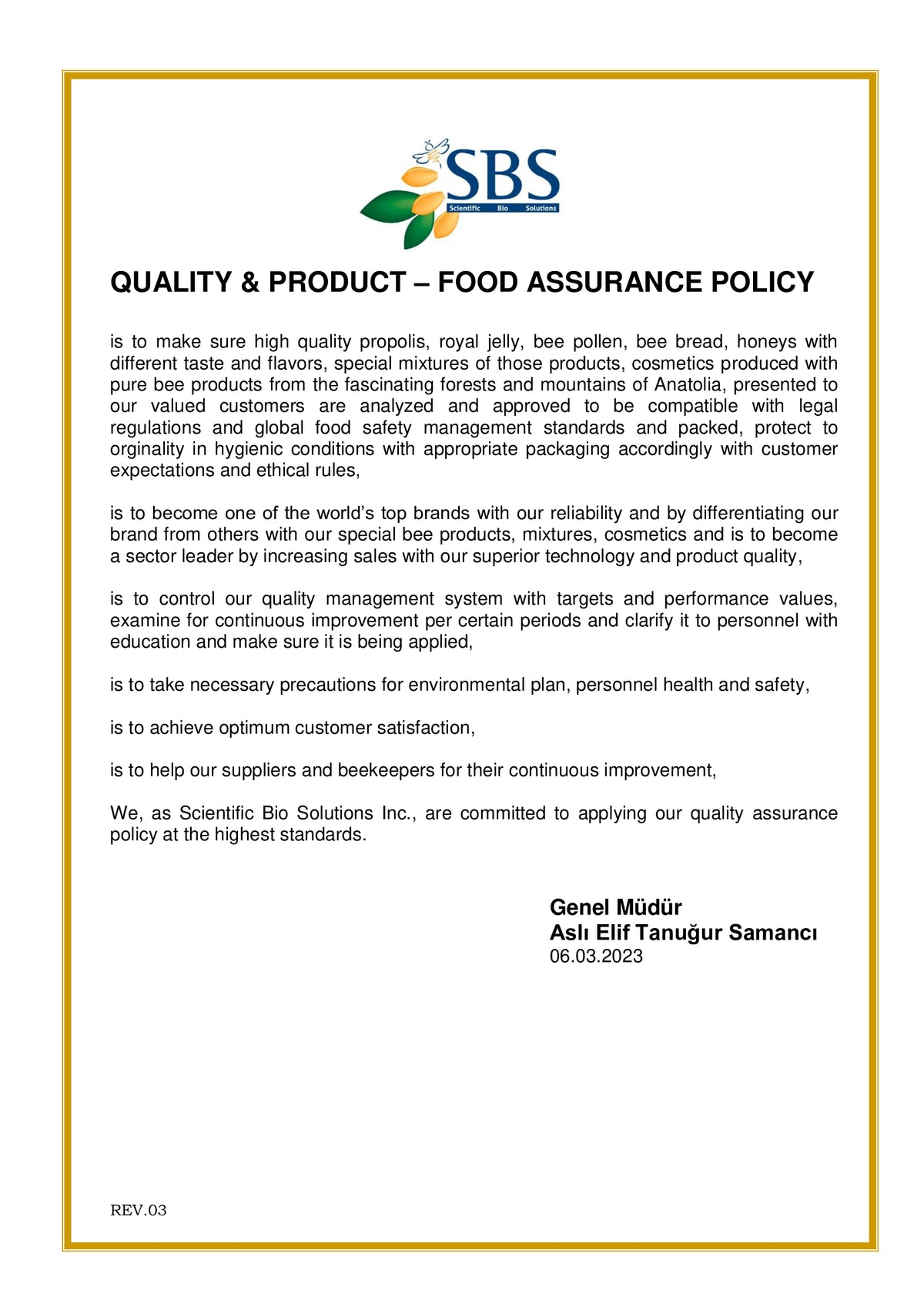 Certificates | Quality Product & Food Assurance Policy | Bee&You – BEE&YOU