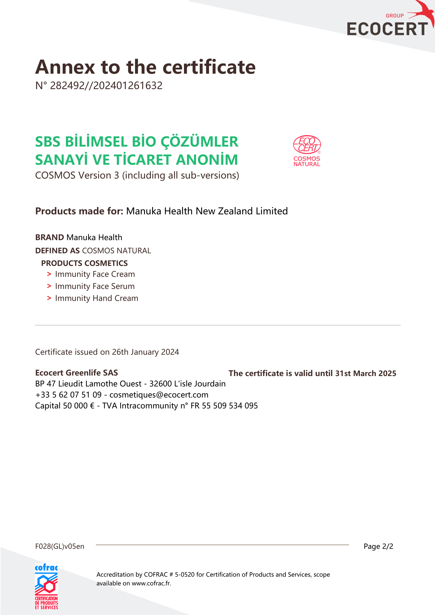 COSMOS Certificate 2024 - Annex